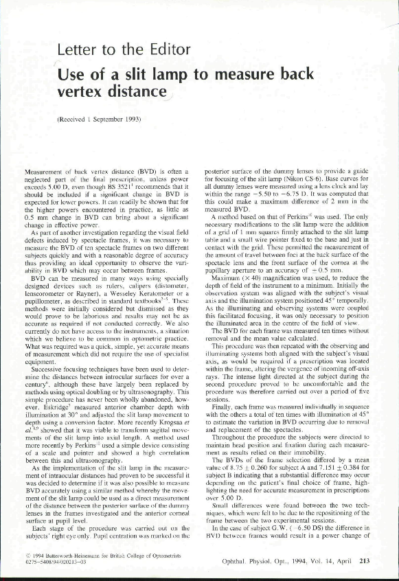(PDF) Use of a slit lamp to measure back vertex distance | glyn walsh ...