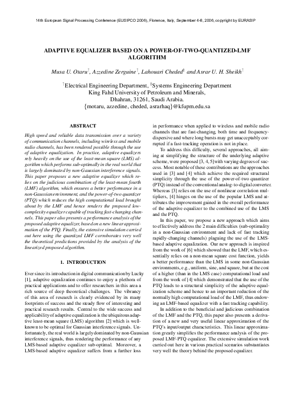 (PDF) Adaptive equalizer based on a power-of-two-quantized-LMF algorithm