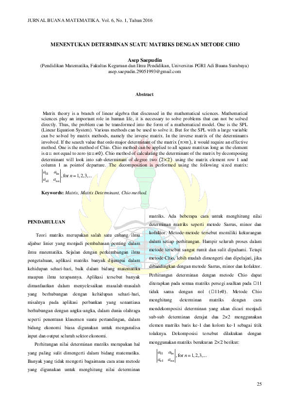 (PDF) Menentukan Determinan Suatu Matriks Dengan Metode Chio