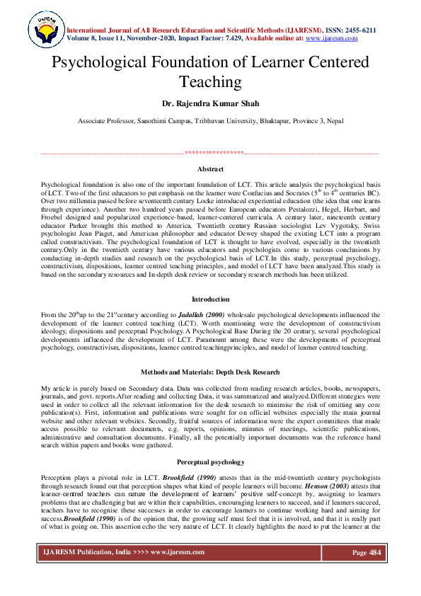 (PDF) Psychological Foundation of Learner Centered Teaching