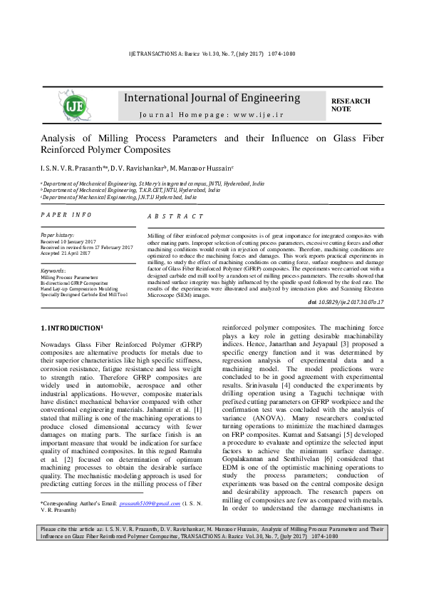 Pdf Analysis Of Milling Process Parameters And Their Influence On Glass Fiber Reinforced