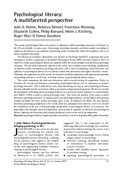 (PDF) Psychological Literacy: A Multifaceted Perspective