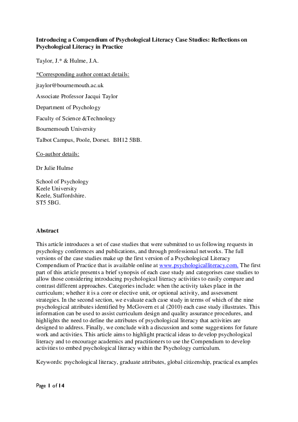(PDF) Introducing a Compendium of Psychological Literacy Case Studies ...