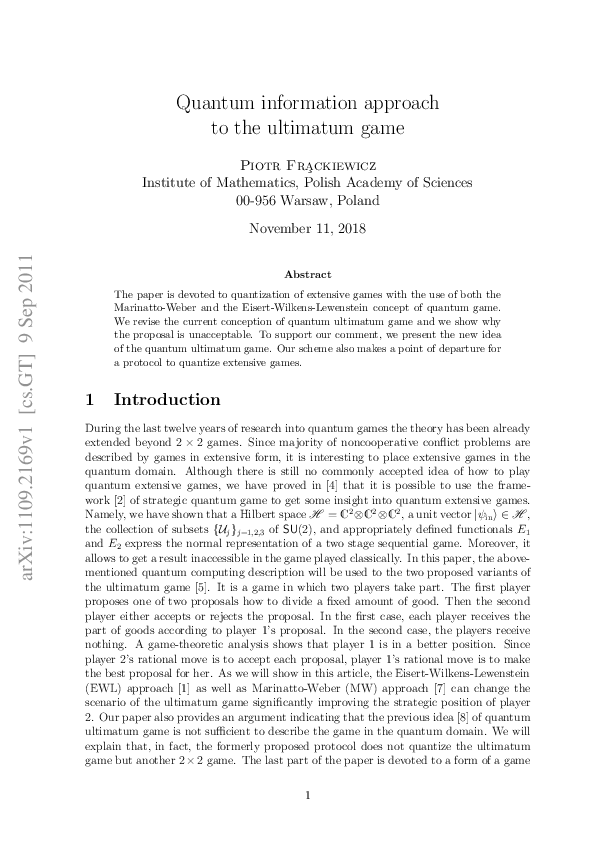 (PDF) Quantum Information Approach to the Ultimatum Game