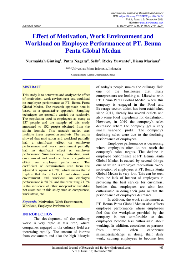 (PDF) Effect of Motivation, Work Environment and Workload on Employee Performance at PT. Benua ...