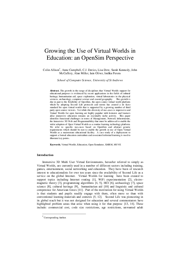 (PDF) Growing the use of Virtual Worlds in education : an OpenSim ...