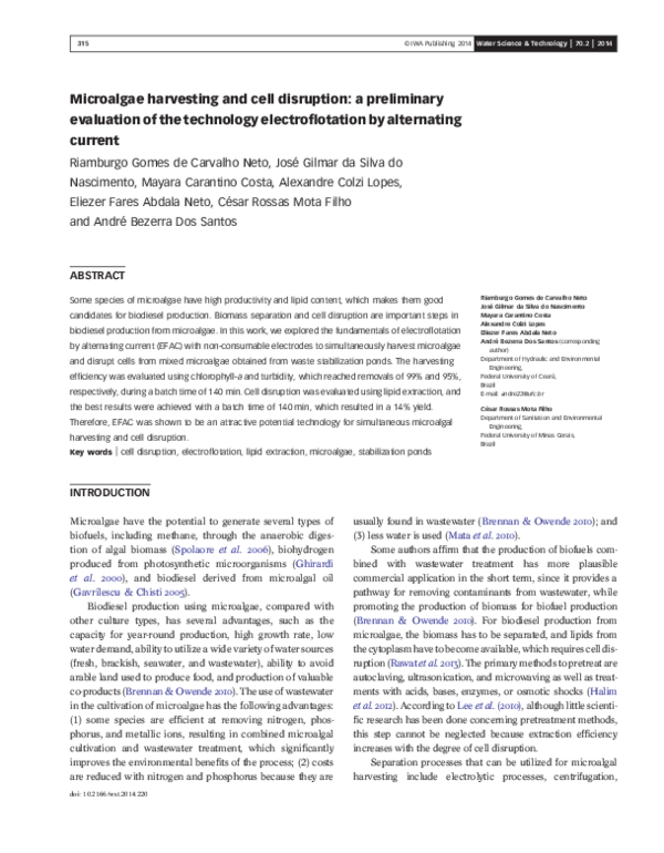 (PDF) Microalgae harvesting and cell disruption: a preliminary ...