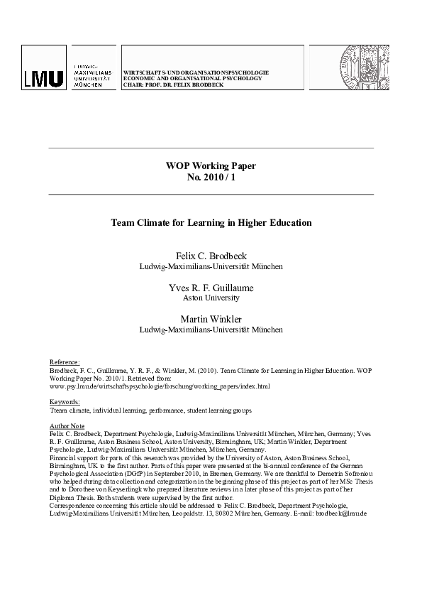 (PDF) Team Climate for Learning in Higher Education