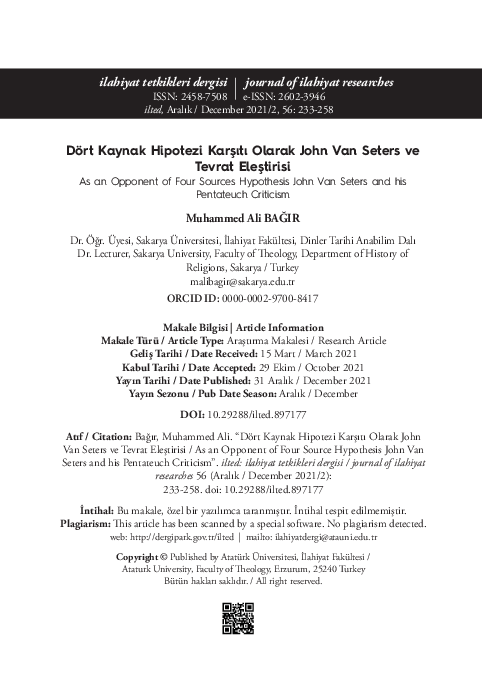 (PDF) Dört Kaynak Hipotezi Karşıtı Olarak John Van Seters ve Tevrat ...