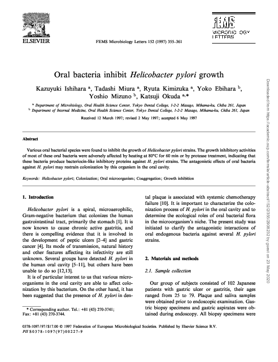 (PDF) Oral bacteria inhibit Helicobacter pylori growth