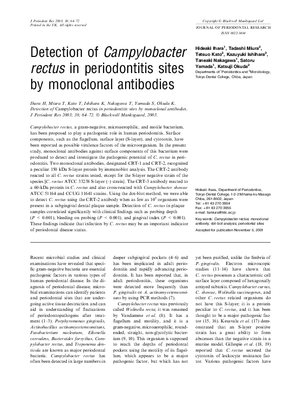 (PDF) Detection of Campylobacter rectus in periodontitis sites by ...