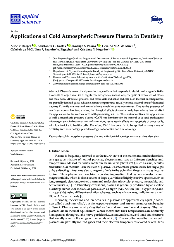 (PDF) Applications of Cold Atmospheric Pressure Plasma in Dentistry