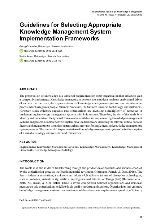(PDF) Guidelines for Selecting Appropriate Knowledge Management System Implementation Frameworks