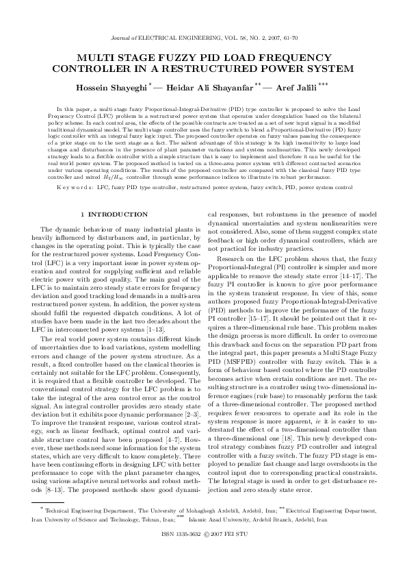 Pdf Multi Stage Fuzzy Pid Load Frequency Controller In A Restructured Power System