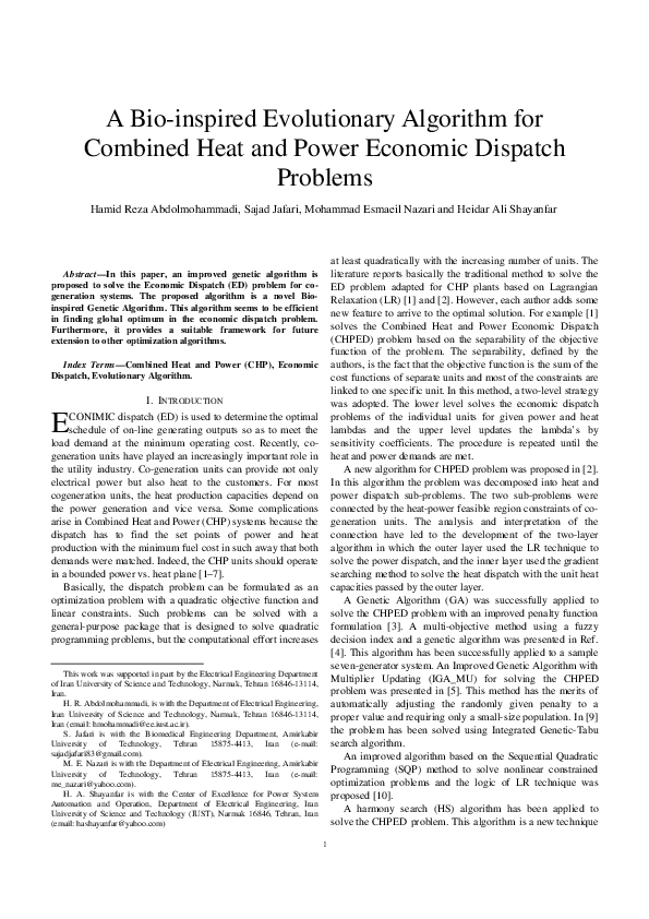 Pdf A Bio Inspired Evolutionary Algorithm For Combined Heat And Power