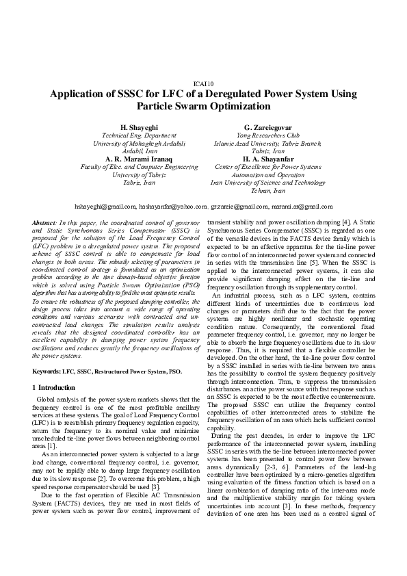 Pdf Application Of Sssc For Lfc Of A Deregulated Power System Using Particle Swarm Optimization
