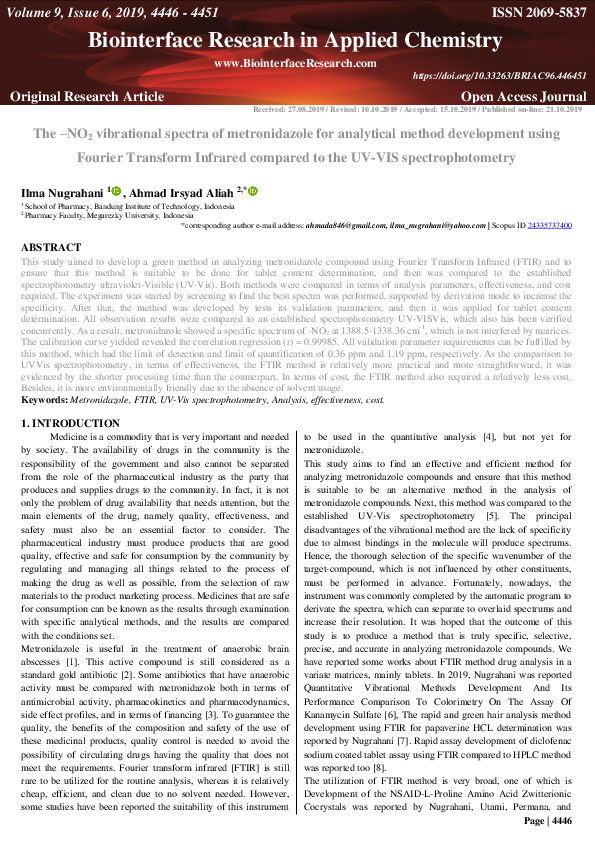 Pdf The No2 Vibrational Spectra Of Metronidazole For Analytical Method Development Using