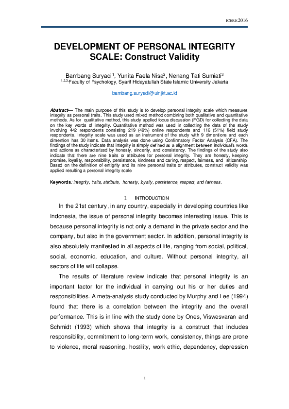 (PDF) Development of personal integrity scale: construct validity