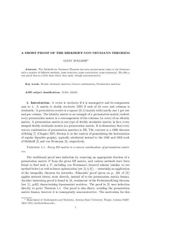 (PDF) A Short Proof of the Birkhoff-Von Neumann Theorem