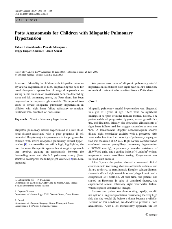 (PDF) Potts Anastomosis for Children with Idiopathic Pulmonary Hypertension