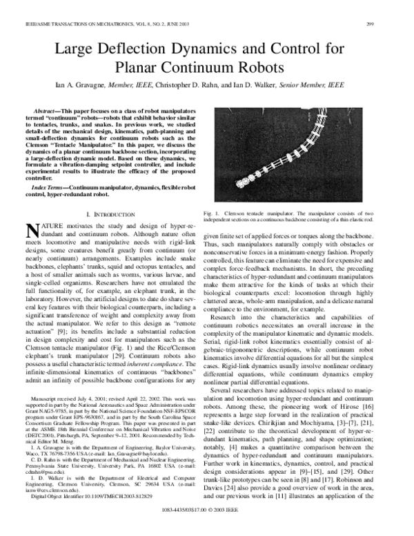 Pdf Large Deflection Dynamics And Control For Planar Continuum Robots