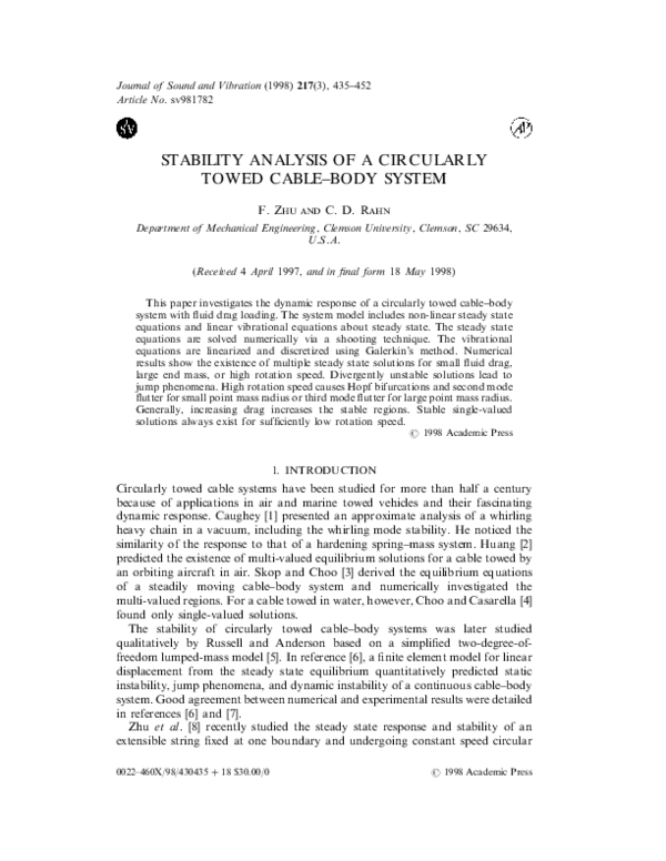 (PDF) Stability Analysis of a Circularly Towed Cable–Body System