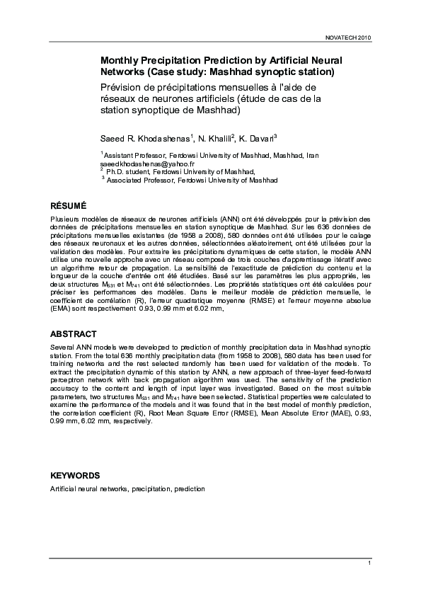 (PDF) Monthly Precipitation Prediction by Artificial Neural Networks (Case study: Mashhad ...