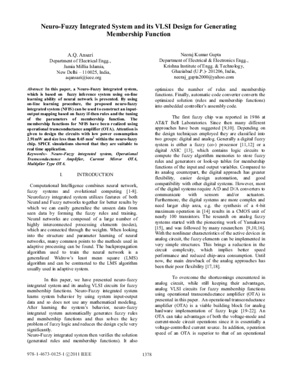 (PDF) Neuro-Fuzzy integrated system and its VLSI design for generating membership function