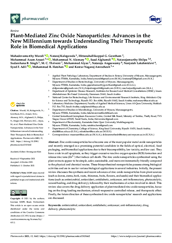 (PDF) Plant-Mediated Zinc Oxide Nanoparticles: Advances in the New Millennium towards ...