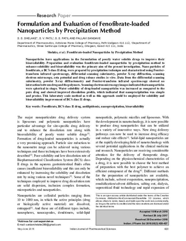 Pdf Formulation And Evaluation Of Fenofibrate Loaded Nanoparticles By Precipitation Method