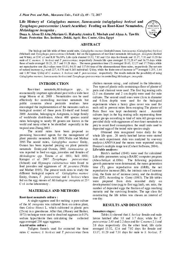(PDF) Life History of Caloglyphus manure, Sancassania (caloglyphus ...