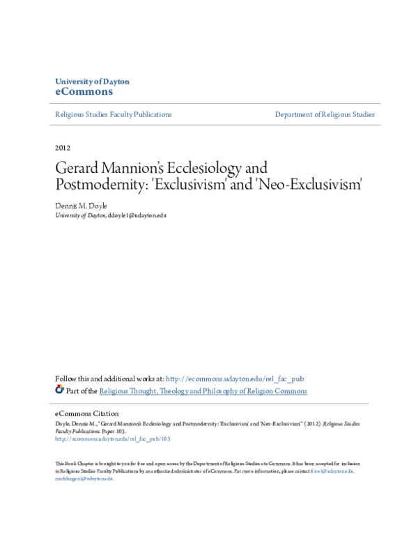 (PDF) Gerard Mannion’s Ecclesiology and Postmodernity: 'Exclusivism ...