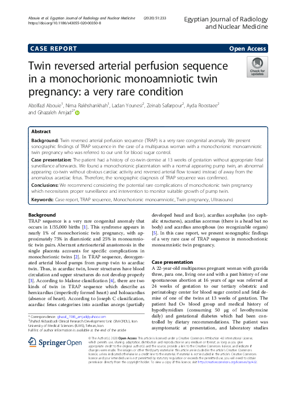 (PDF) Twin reversed arterial perfusion sequence in a monochorionic ...