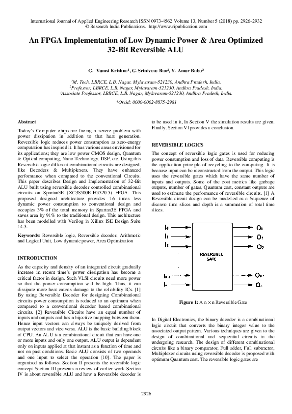 An FPGA Implementation of Low Dynamic Power & Area Optimized 32-Bit Reversible ALU