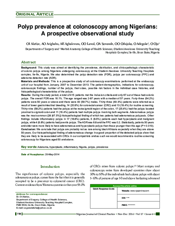 (PDF) Polyp prevalence at colonoscopy among Nigerians: A prospective ...