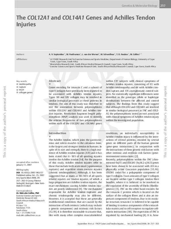 (PDF) COL12A1 and COL14A1 Genes in Tendon Injuries