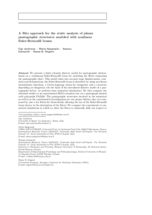 Pdf A Ritz Approach For The Static Analysis Of Planar Pantographic Structures Modeled With 