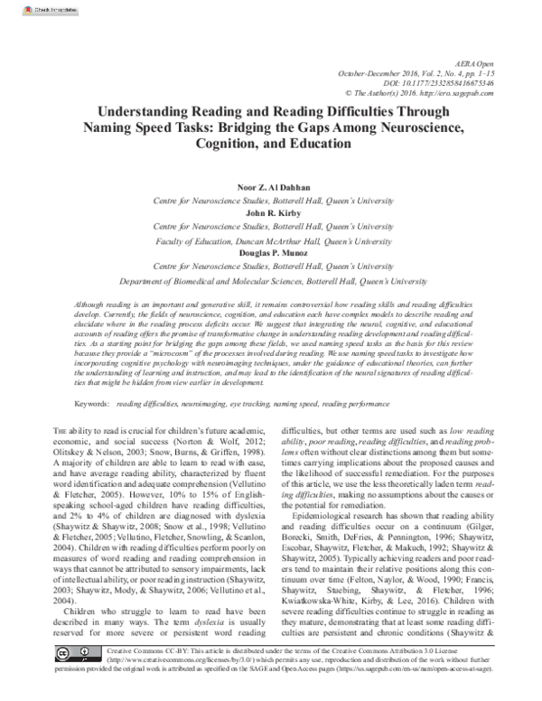 (PDF) Understanding Reading and Reading Difficulties Through Naming Speed Tasks