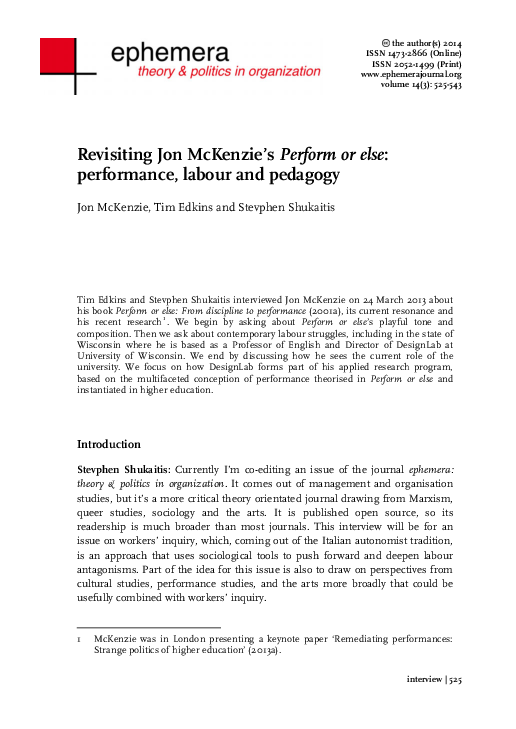(PDF) Revisiting Jon McKenzie’s Perform or else: Performance, labour ...