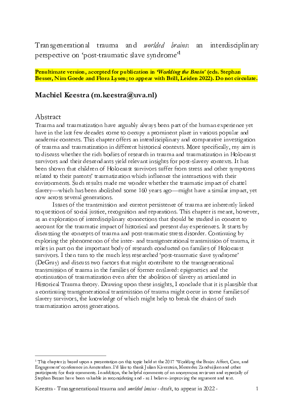 (PDF) Transgenerational trauma and worlded brains: an interdisciplinary perspective on ‘post ...