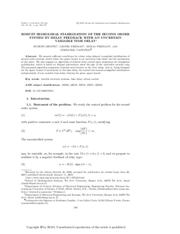 (PDF) Robust semiglobal stabilization of the second order system by relay feedback with an ...
