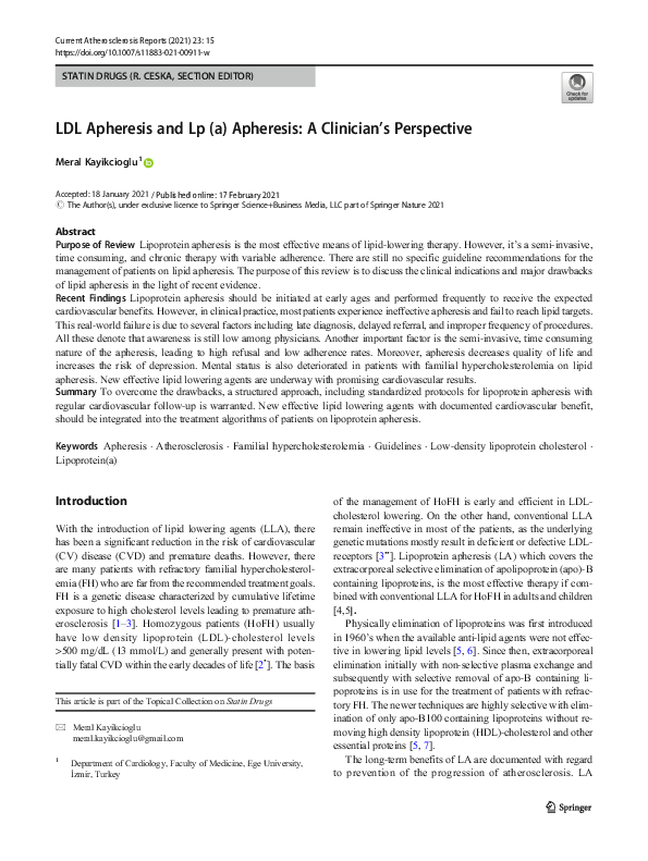 (PDF) LDL Apheresis and Lp (a) Apheresis: A Clinician’s Perspective