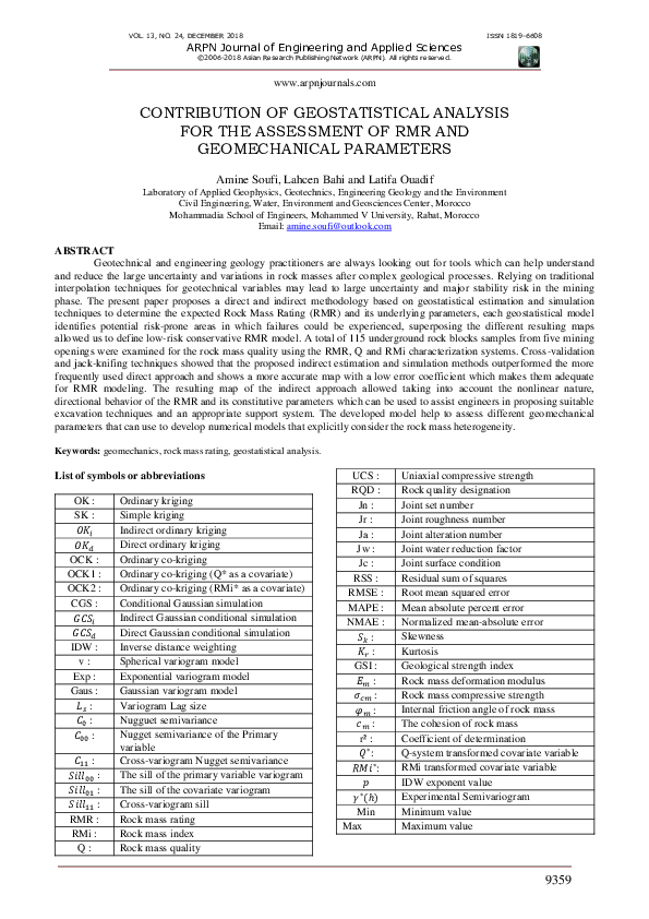 (PDF) Contribution of Geostatistical Analysis for the Assessment of RMR and Geomechanical Parameters