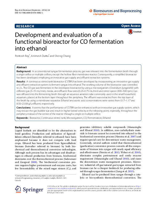 (PDF) Development and evaluation of a functional bioreactor for CO ...