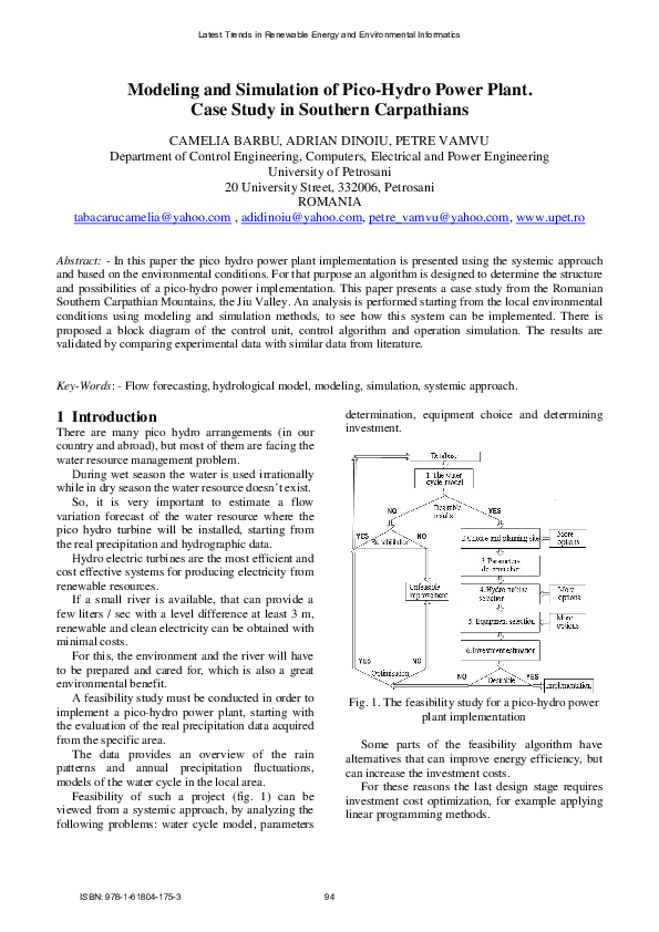 (PDF) Modeling and Simulation of Pico-hydro Power Plant. Case Study in Southern Carpathians