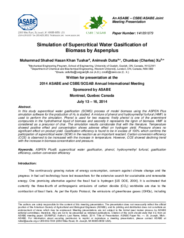 (PDF) Simulation of Supercritical Water Gasification of Biomass by ...