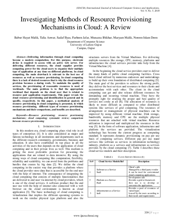 (PDF) Investigating Methods of Resource Provisioning Mechanisms in Cloud: A Review