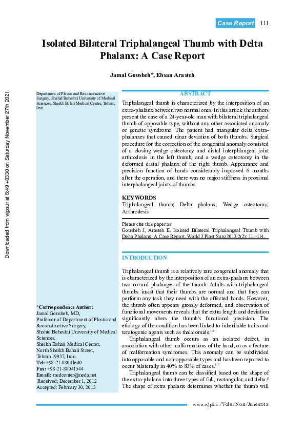 (PDF) Isolated Bilateral Triphalangeal Thumb with Delta Phalanx: A Case ...