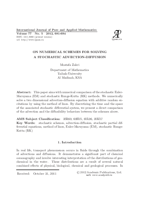 Pdf On Numerical Schemes For Solving A Stochastic Advection Diffusion Mostafa Zahri