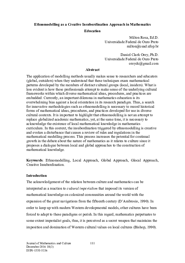 (PDF) Ethnomodelling as a Creative Insubordination Approach in Mathematics Education